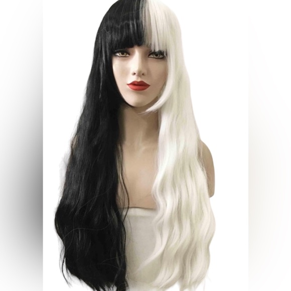 Accessories | Women Black White Split Colors Long Curly Blunt Bangs Cosplay Wig | Poshmark